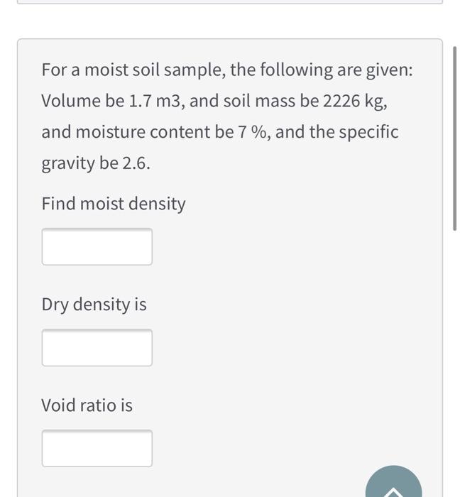 Solved For a moist soil sample, the following are given: | Chegg.com