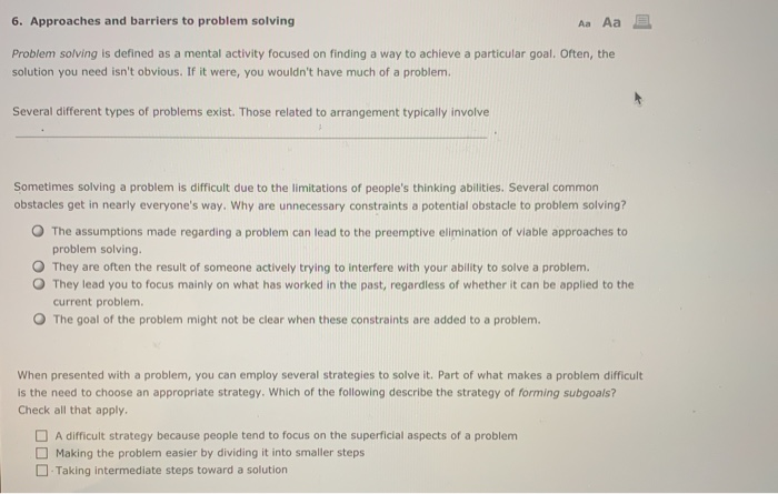 Solved 6. Approaches and barriers to problem solving Problem | Chegg.com