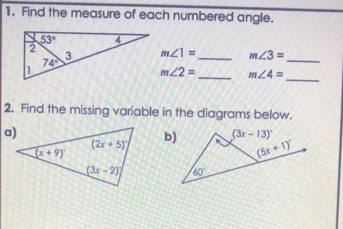 Solved 1. Find the measure of each numbered angle. 53° 4 2 | Chegg.com