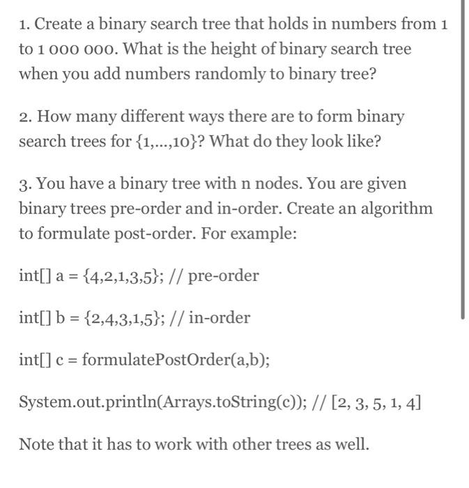 Solved 1. Create a binary search tree that holds in numbers | Chegg.com