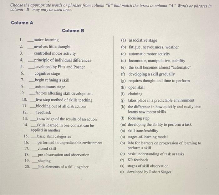 Solved Choose the appropriate words or phrases from column | Chegg.com