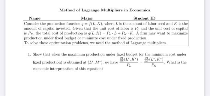 Solved Method of Lagrange Multipliers in Economics Name | Chegg.com