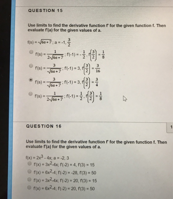 Solved QUESTION 15 Use limits to find the derivative | Chegg.com