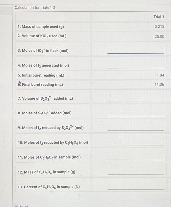 Calculation for trials 1−3 \begin{tabular}{lr} \hline | Chegg.com