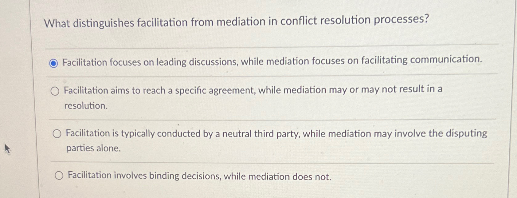 Solved What distinguishes facilitation from mediation in | Chegg.com