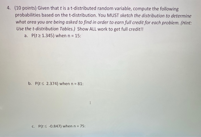 Solved 4. (10 points) Given that t is a t-distributed random | Chegg.com