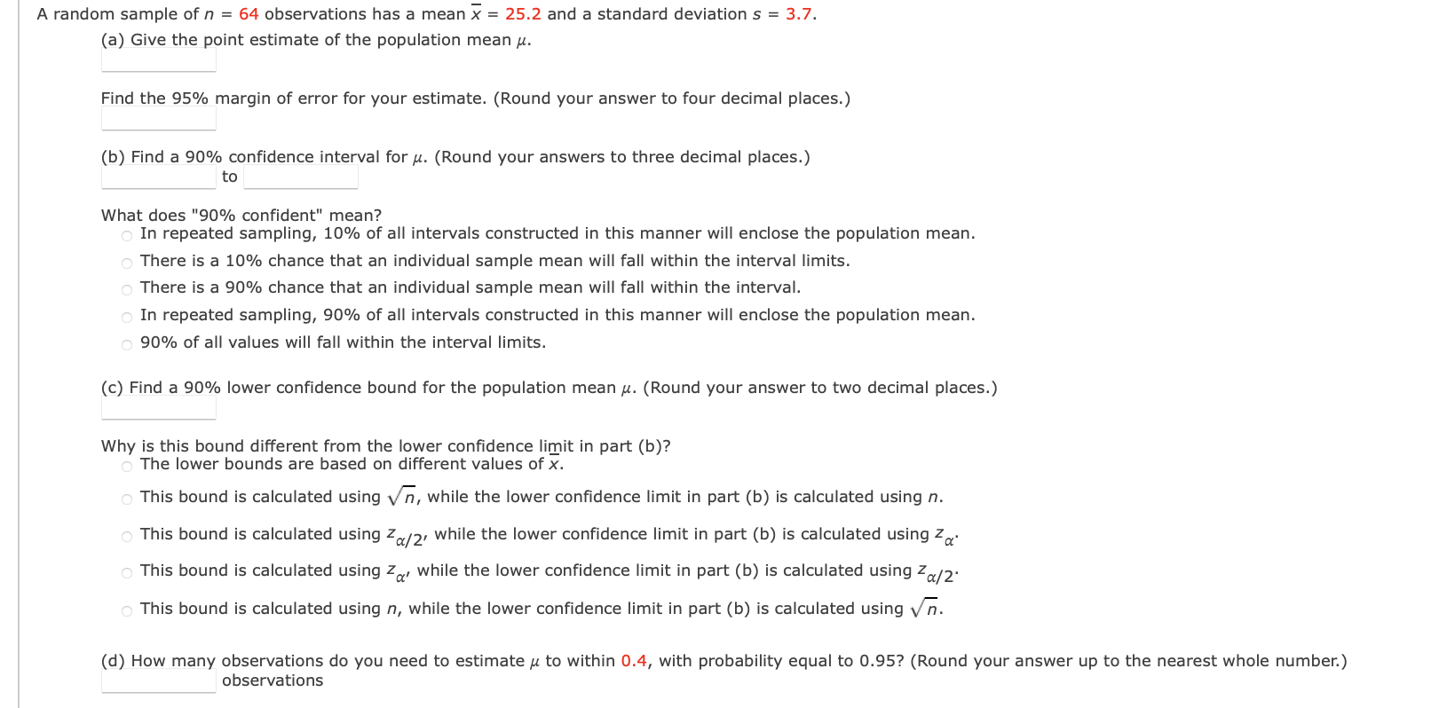 Solved A random sample of n=64 ﻿observations has a mean | Chegg.com