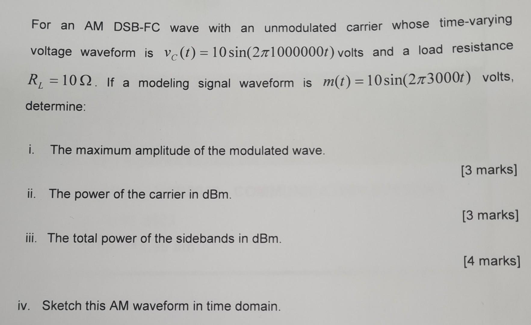 Solved For an AM DSB-FC wave with an unmodulated carrier | Chegg.com