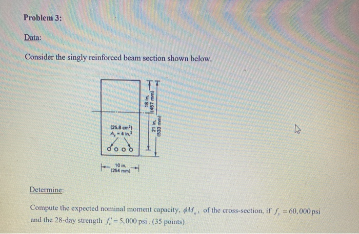 Solved Problem 3: Data: Consider the singly reinforced beam | Chegg.com