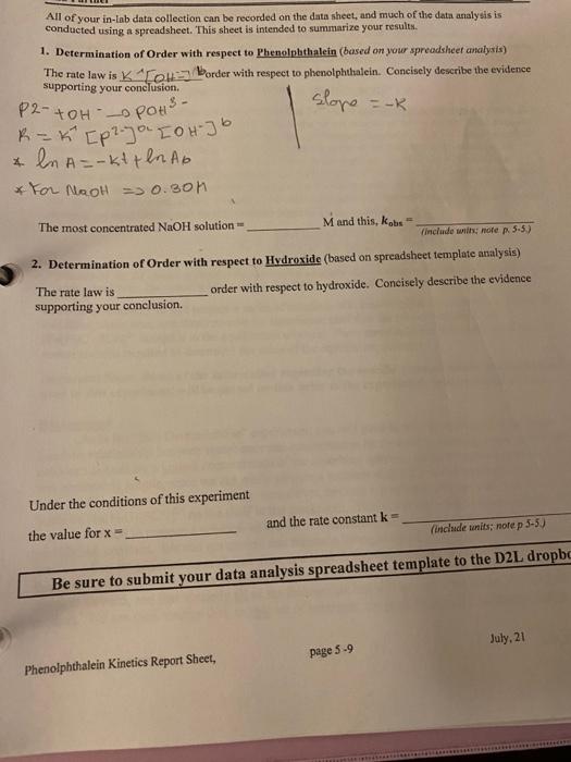 Solved phthalein Kinetics Report Sheet, page 5−8 July, 21All | Chegg.com