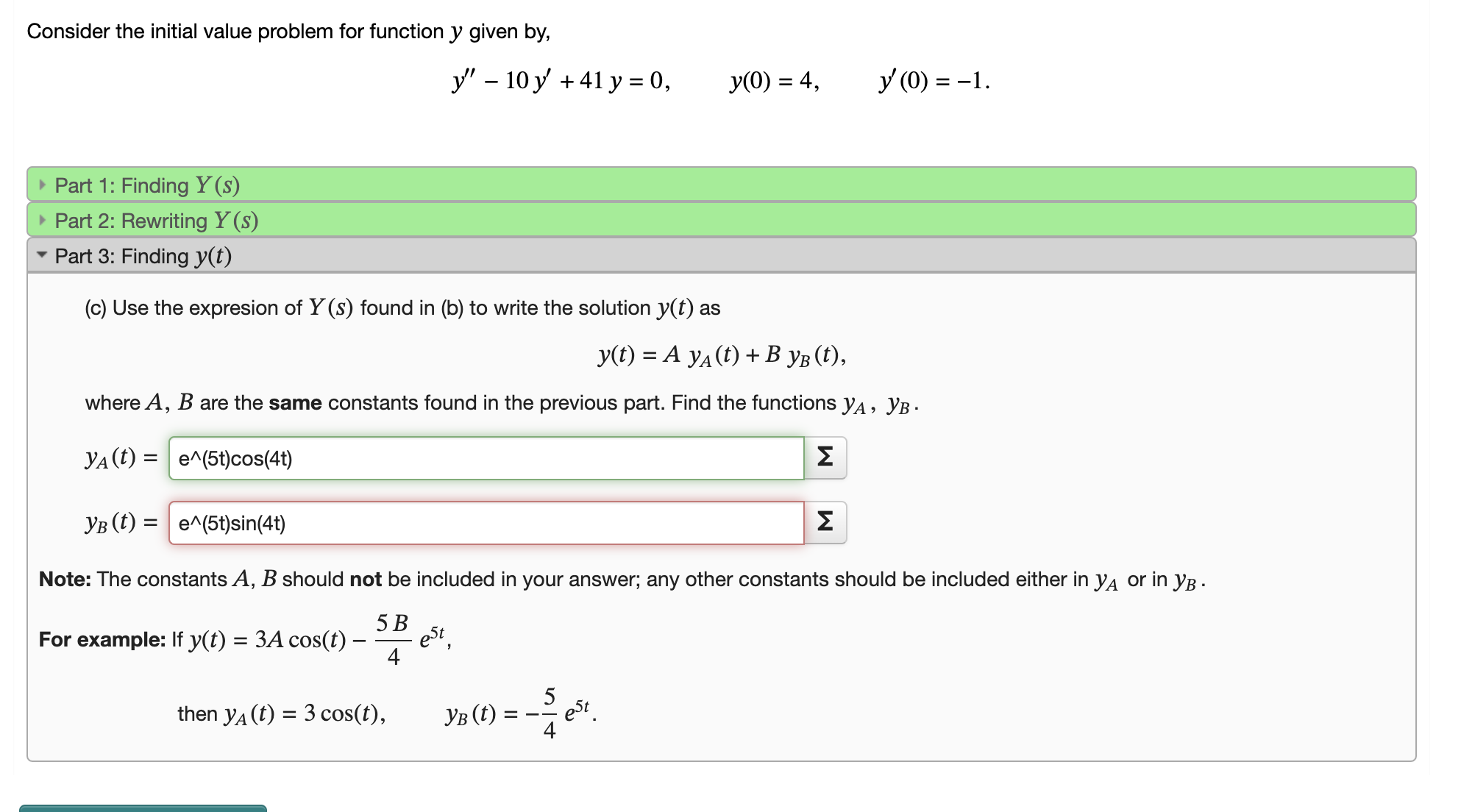 y''-10y'+41y=0,y(0)=4,y'(0)=-1.Part 1: Finding | Chegg.com