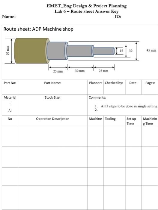 Solved Name: Route sheet: ADP Machine shop 60 mm Part No: | Chegg.com