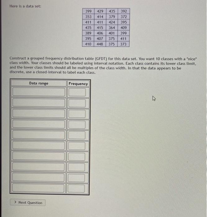 Solved Here is a data set: Construct a grouped frequency | Chegg.com