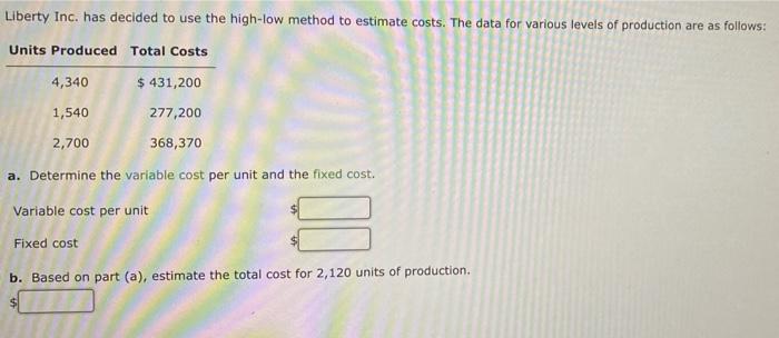 Solved Liberty Inc. has decided to use the high-low method | Chegg.com