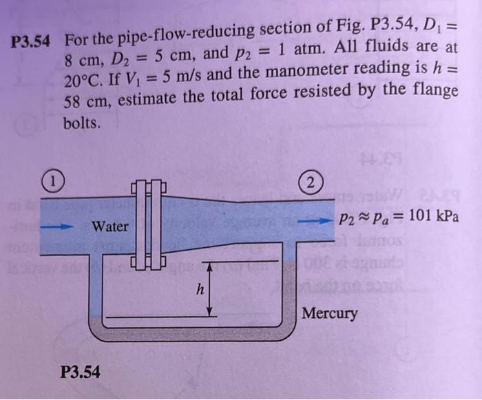 Solved P3.54 For the pipe-flow-reducing section of Fig. | Chegg.com