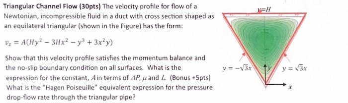 Triangular Channel Flow (30pts) The velocity profile | Chegg.com