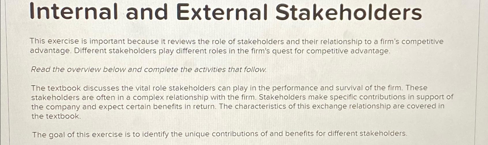 Solved Internal and External Stakeholders | Chegg.com