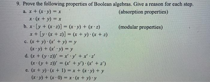 Solved 9. Prove the following properties of Boolean | Chegg.com