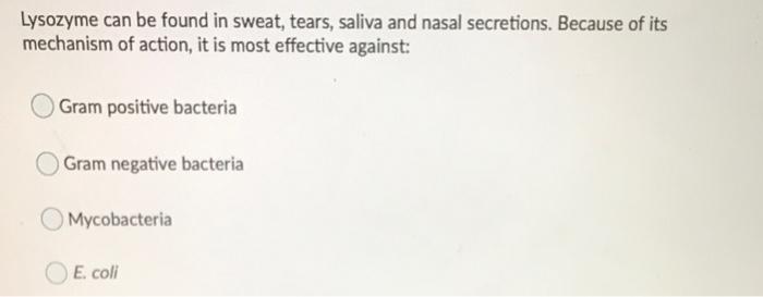 Solved Lysozyme can be found in sweat, tears, saliva and | Chegg.com