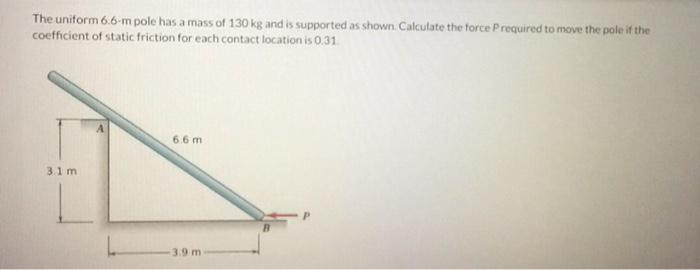 Solved The uniform 6.6-m pole has a mass of 130 kg and is | Chegg.com
