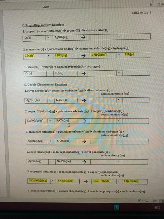 Solved Edit Styles CHE120 Lab-1 C. Single-Displacement | Chegg.com