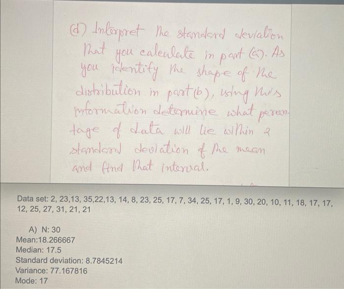 Solved (d) Interpret the standord deviation That you | Chegg.com