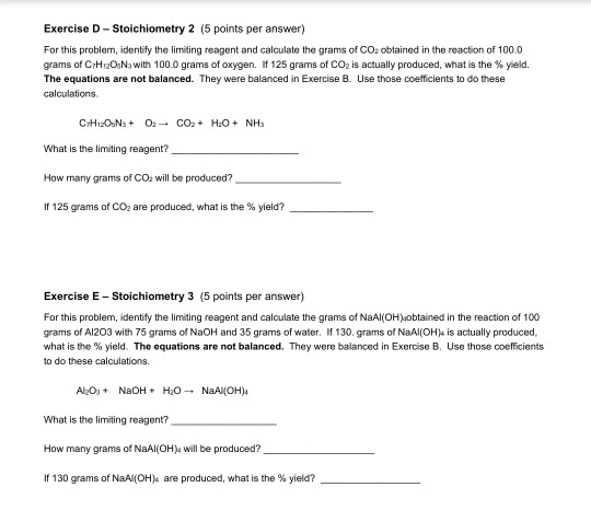Solved Exercise D-Stoichiometry 2 (5 points per answer) For | Chegg.com