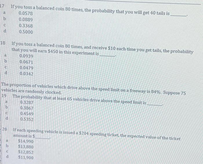 Solved 7 If you toss a balanced coin 80 times, the | Chegg.com