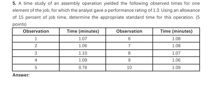 Solved 5. A time study of an assembly operation yielded the | Chegg.com