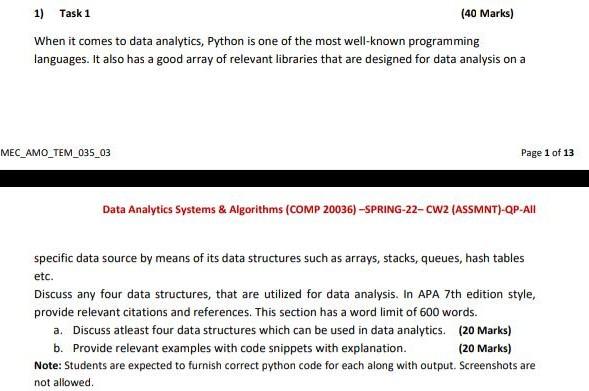Solved 1) Task 1 (40 Marks) When it comes to data analytics, | Chegg.com