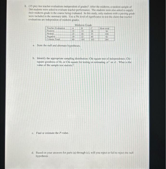 Solved 8. (15 pts) Are teacher evaluations independent of | Chegg.com