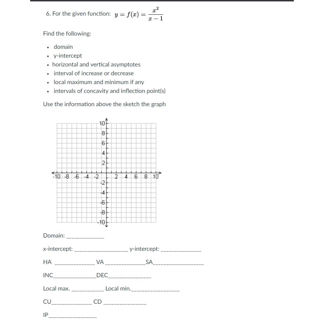 Solved For the given function: y=f(x)=x2x-1Find the | Chegg.com