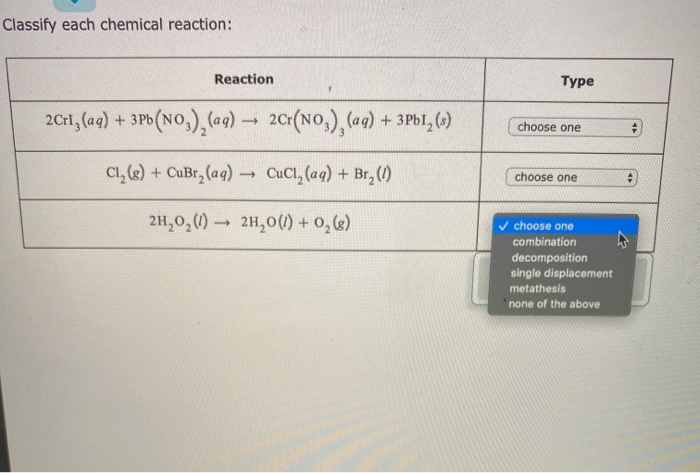 Solved Classify each chemical reaction: Reaction Type 261, | Chegg.com