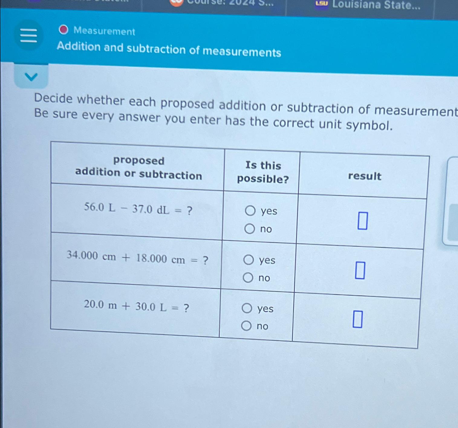 Solved Louisiana State...MeasurementAddition and subtraction | Chegg.com