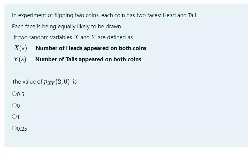 Solved In experiment of flipping two coins, each coin has | Chegg.com