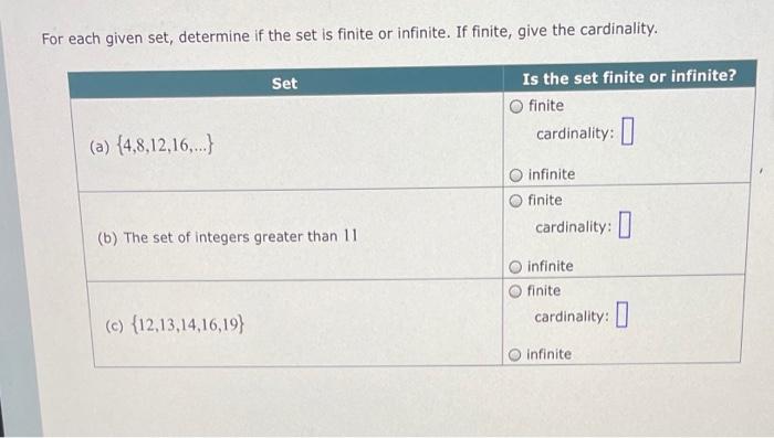 Solved For each given set, determine if the set is finite or | Chegg.com