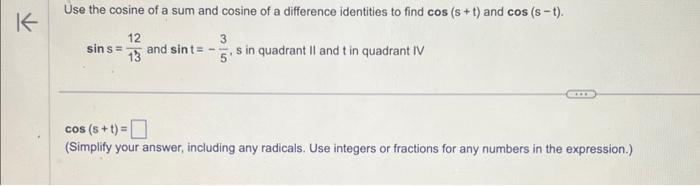 Solved Use the cosine of a sum and cosine of a difference | Chegg.com