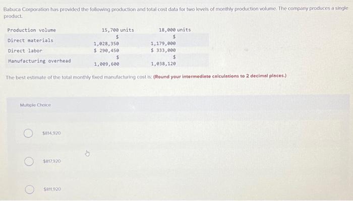 Solved Babuca Corporation has provided the following | Chegg.com