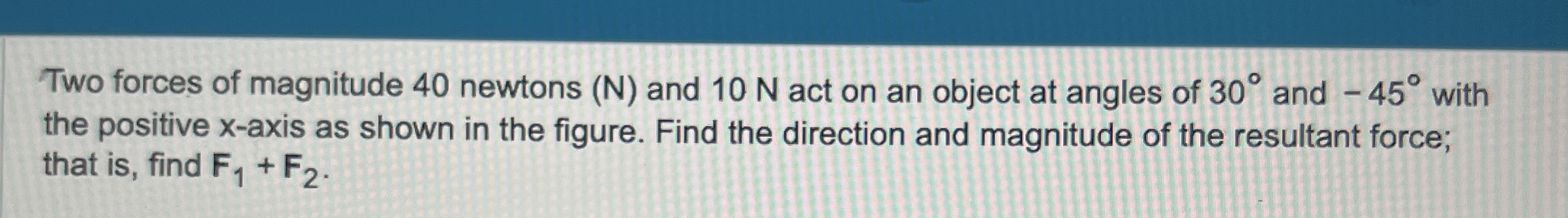 Solved Two forces of magnitude 40 ﻿newtons (N) ﻿and 10 ﻿N | Chegg.com