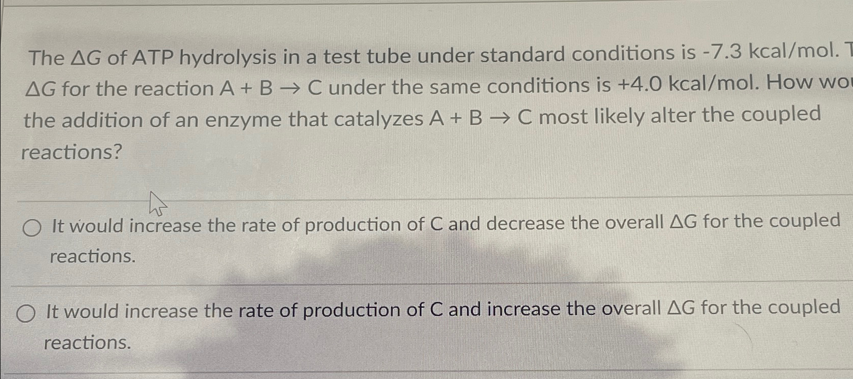 Solved The ΔG ﻿of ATP hydrolysis in a test tube under | Chegg.com