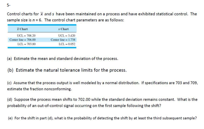 Solved 5-Control charts for x‾ ﻿and s ﻿have been maintained | Chegg.com