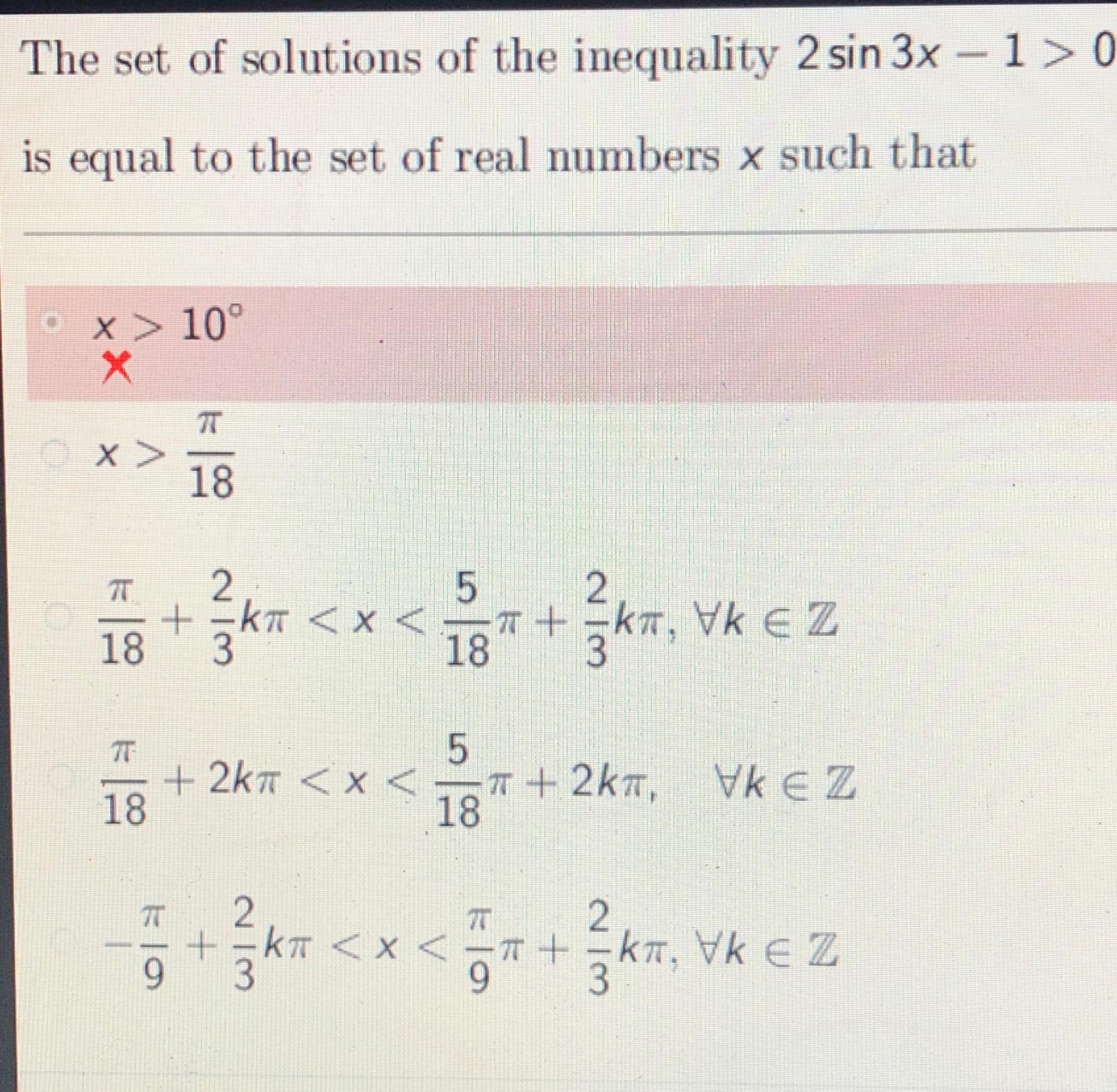 Solved The set of solutions of the inequality 2sin3x-1>0 ﻿is | Chegg.com