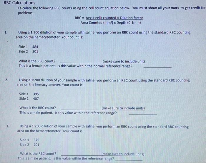 Solved RBC Calculations: Calculate the following RBC counts | Chegg.com