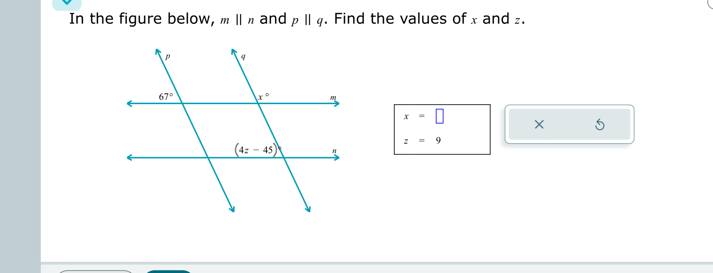Solved In the figure below, m||n ﻿and p||q. ﻿Find the values | Chegg.com