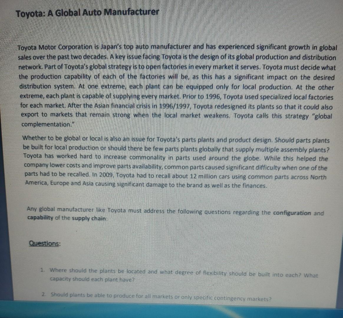 Solved Toyota: A Global Auto Manufacturer Toyota Motor | Chegg.com