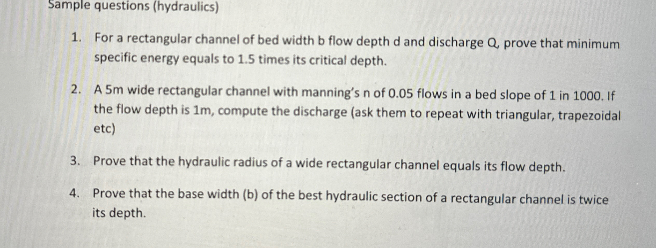 Solved Sample questions (hydraulics)For a rectangular | Chegg.com