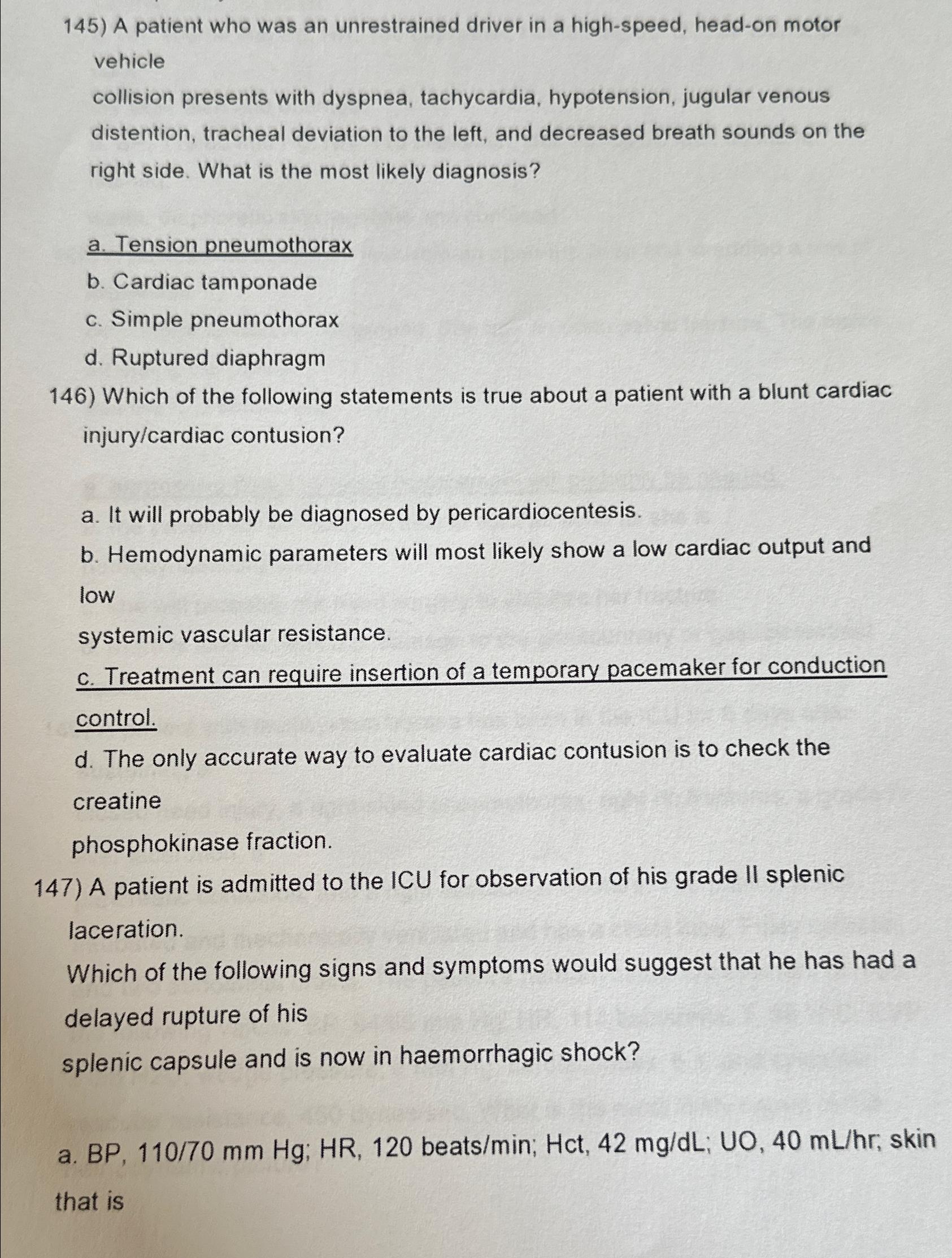 Solved A patient who was an unrestrained driver in a | Chegg.com