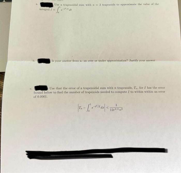 Solved a. Use a trapezoidal sum with n=3 trapezoids to | Chegg.com