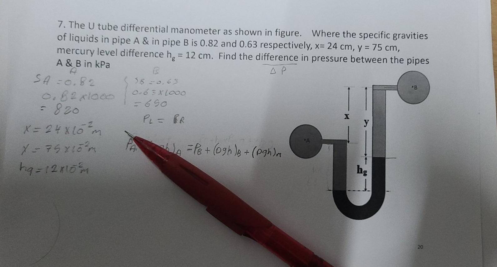 Solved - 7. The U tube differential manometer as shown in | Chegg.com