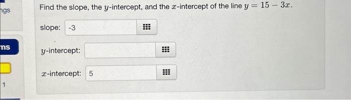 Solved Find the slope, the y-intercept, and the x-intercept | Chegg.com